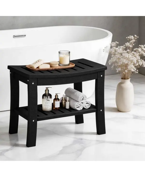 HOMFAN Hdpe Waterproof Shower Bench With Storage Shelf 20.6" Stable Non-slip Bathroom Seat 400lbs Weight Capacity Comfortable And Safe Stool - Black