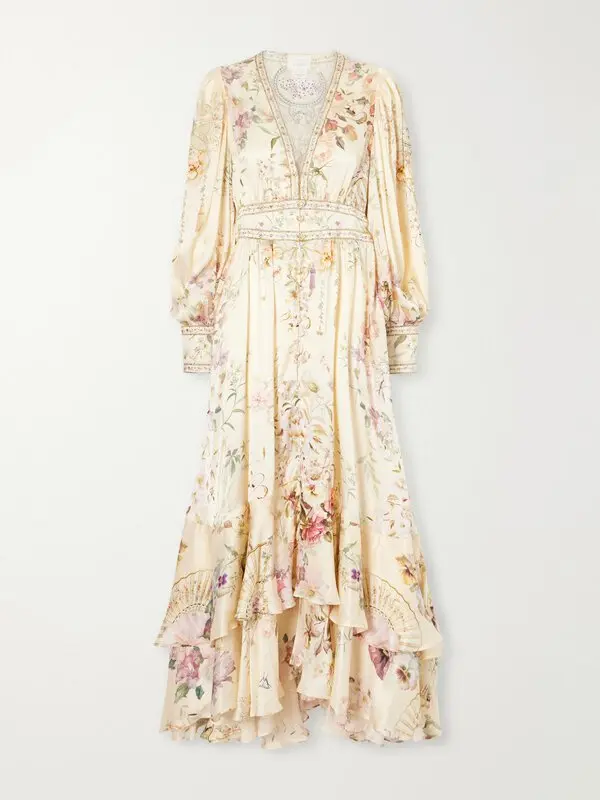 Camilla Crystal-embellished Tiered Floral-print Silk-chiffon Midi Dress - Neutrals