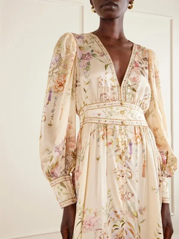 Camilla Crystal-embellished Tiered Floral-print Silk-chiffon Midi Dress - Neutrals