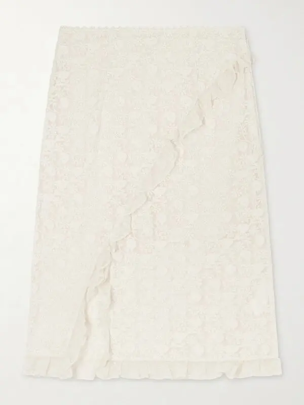 DÔEN Aurella Ruffled Embroidered Mesh Midi Skirt - Neutrals