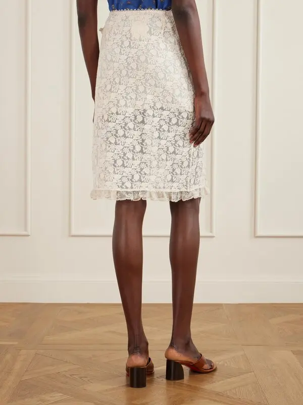 DÔEN Aurella Ruffled Embroidered Mesh Midi Skirt - Neutrals