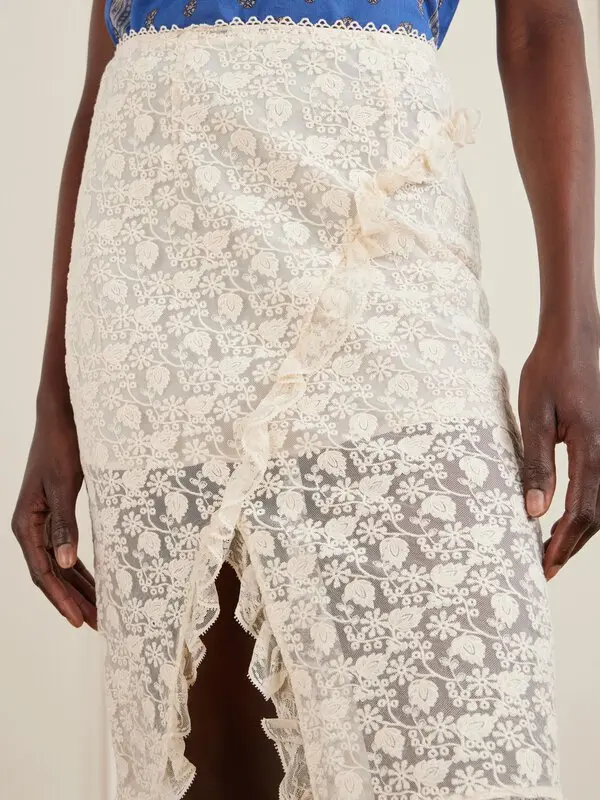 DÔEN Aurella Ruffled Embroidered Mesh Midi Skirt - Neutrals
