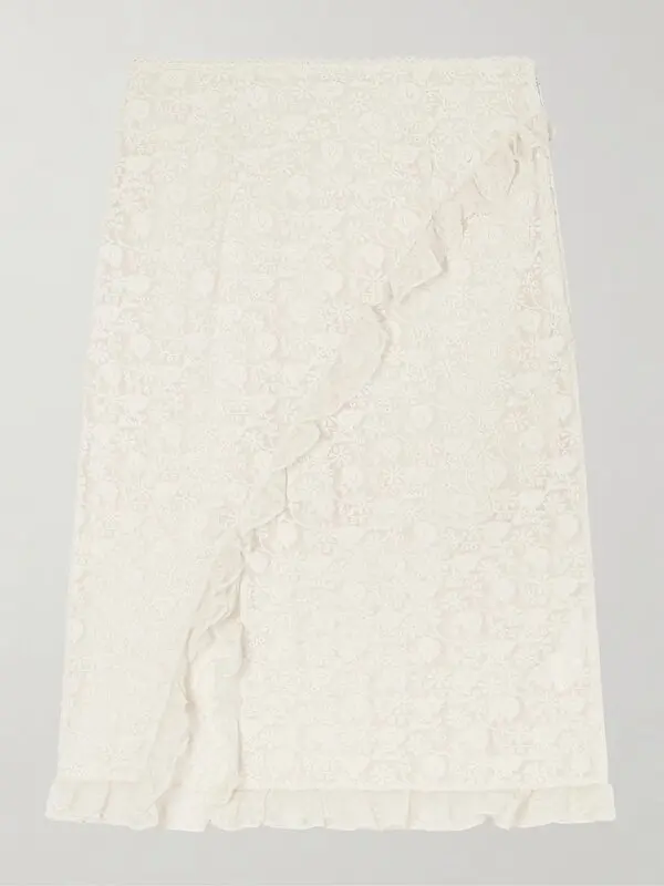 DÔEN Aurella Ruffled Embroidered Mesh Midi Skirt - Neutrals