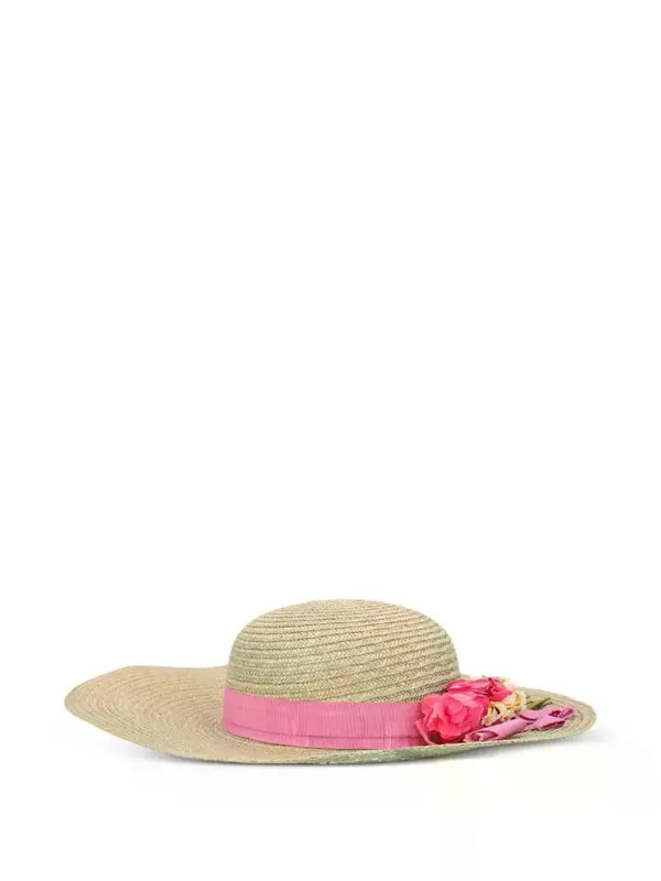 Vintage Wide-brim Hat With Floral Appliqu - Neutrals