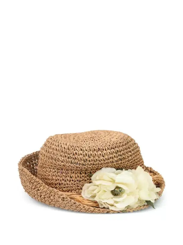 Vintage Floral-appliqué Straw Hat - Neutrals