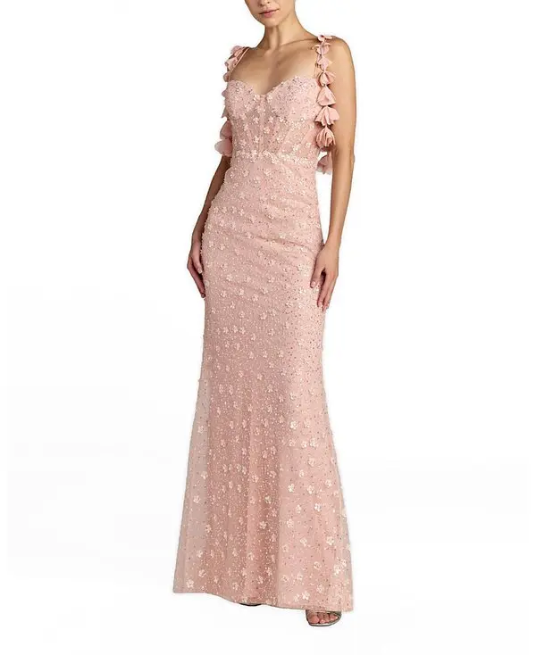 Mac Duggal Sleeveless Sequin Gown With Floral Detail - Rose Gold