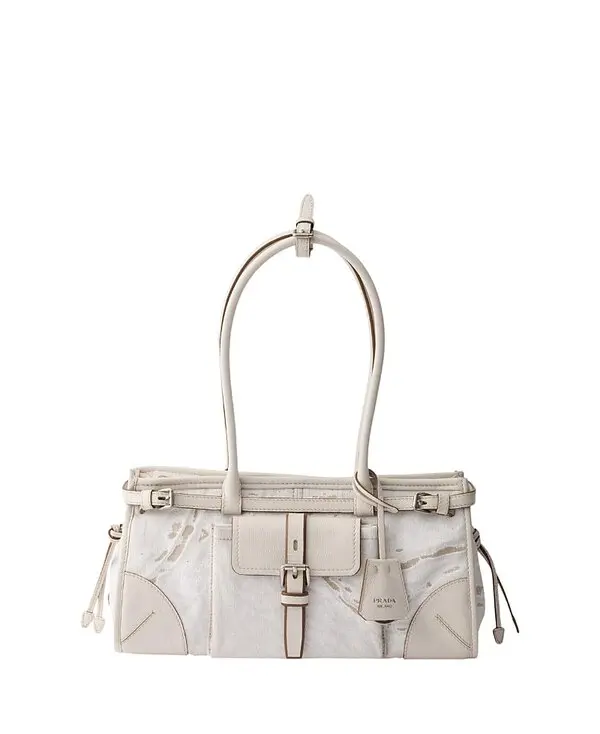 Prada Bonnie Medium Printed Linen And Leather Handbag - White