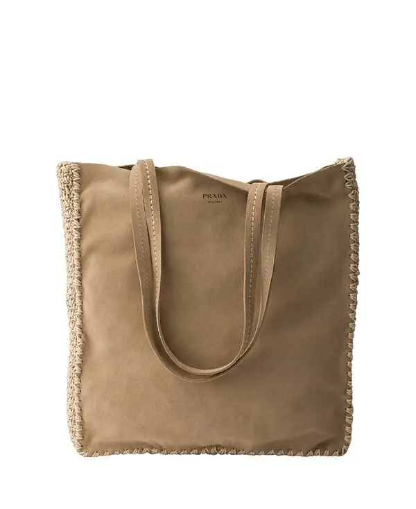 Prada Large Suede And Crochet Tote - Neutral