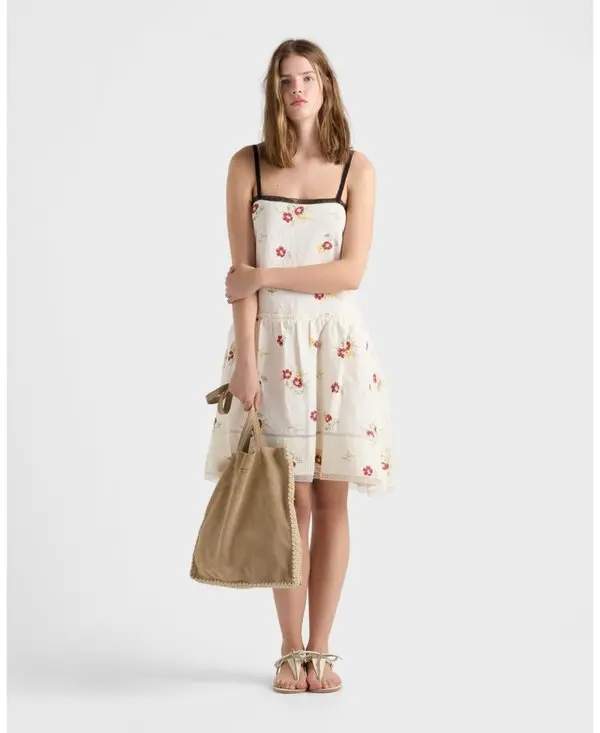 Prada Large Suede And Crochet Tote - Neutral
