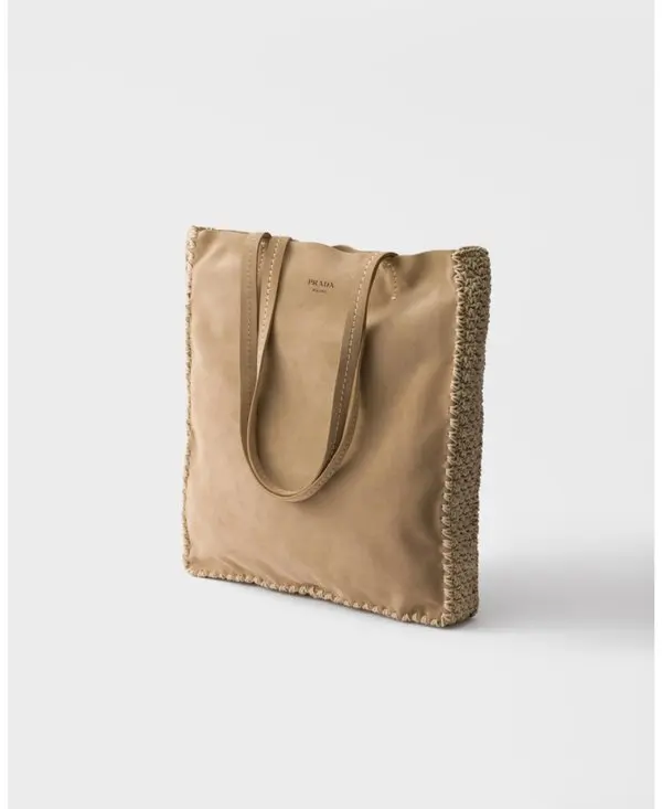 Prada Large Suede And Crochet Tote - Neutral