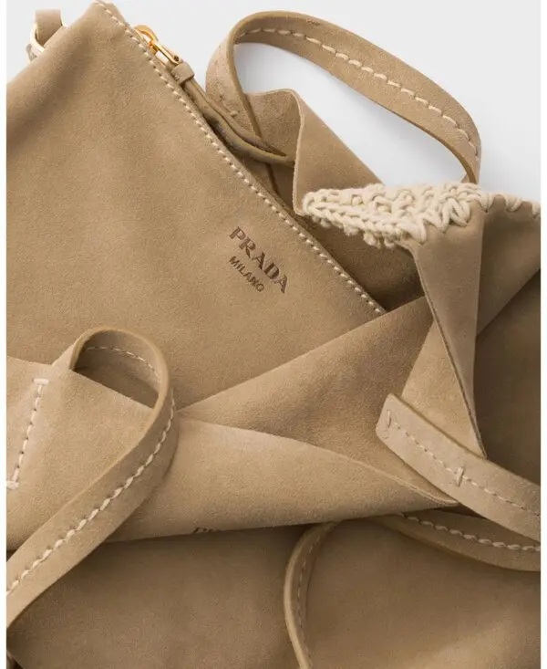 Prada Large Suede And Crochet Tote - Neutral