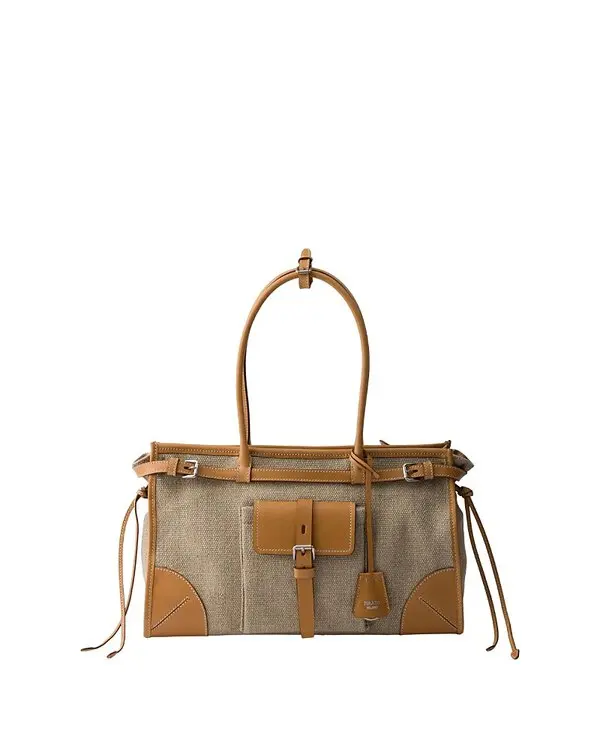 Prada Linen And Leather Tote Bag - Neutral