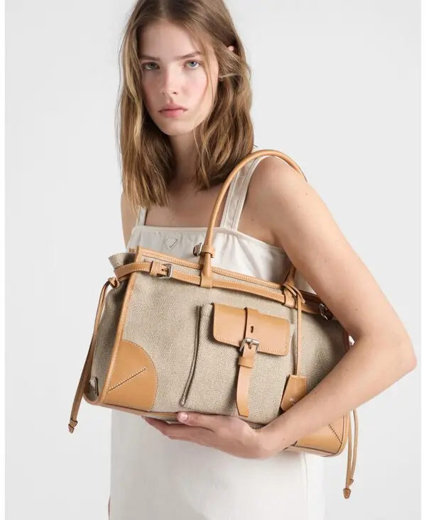 Prada Linen And Leather Tote Bag
