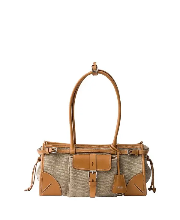 Prada Bonnie Medium Linen And Leather Handbag - Neutral