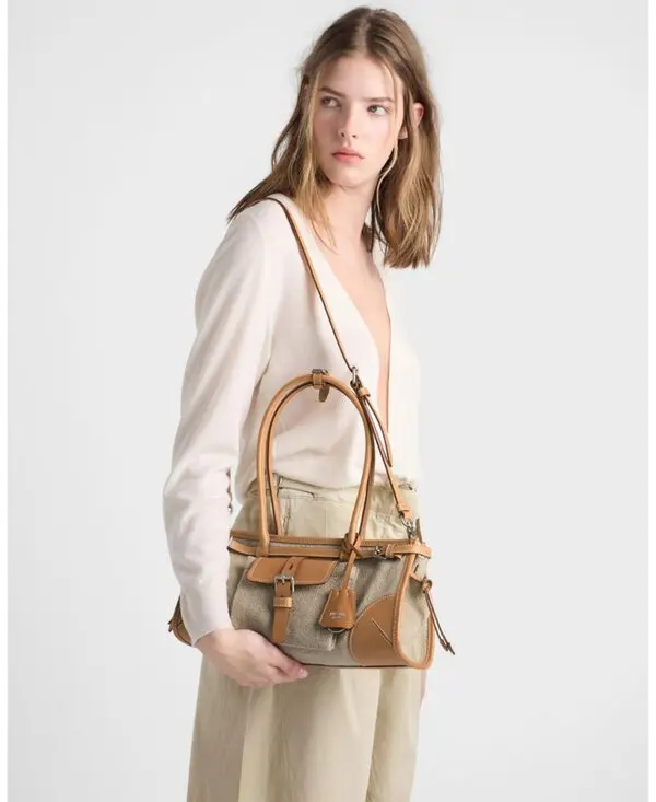 Prada Bonnie Medium Linen And Leather Handbag - Neutral