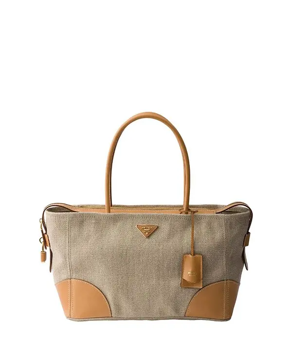 Prada Linen And Leather Tote Bag - Neutral