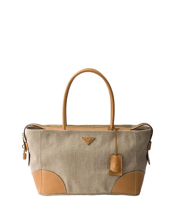 Prada Linen And Leather Tote Bag - Neutral