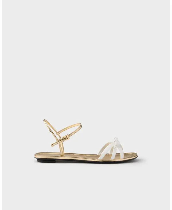 Prada Flat Patent And Metallic Leather Sandals - White