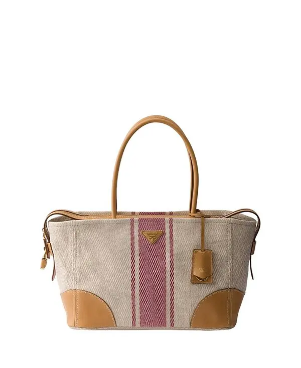 Prada Large Canvas And Leather Shopper - Neutral