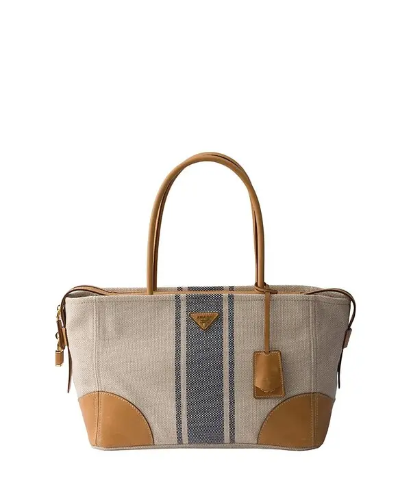 Prada Large Canvas And Leather Shopper - Neutral/blue