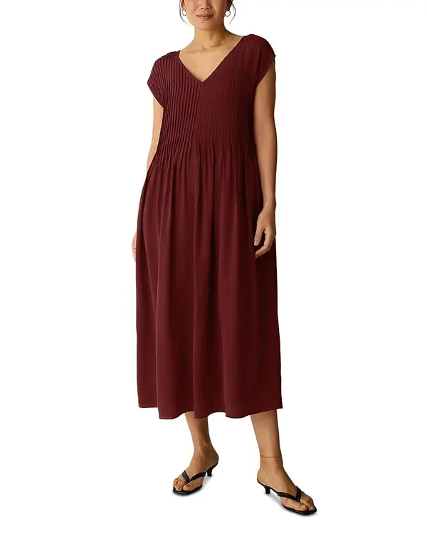Eileen Fisher Silk Crepe De Chine V-neck Midi Dress - Sdtom