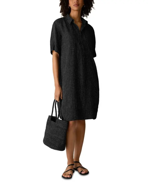 Eileen Fisher Puckered Linen Grid Classic Collar Dress