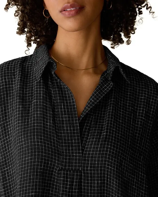 Eileen Fisher Puckered Linen Grid Classic Collar Dress