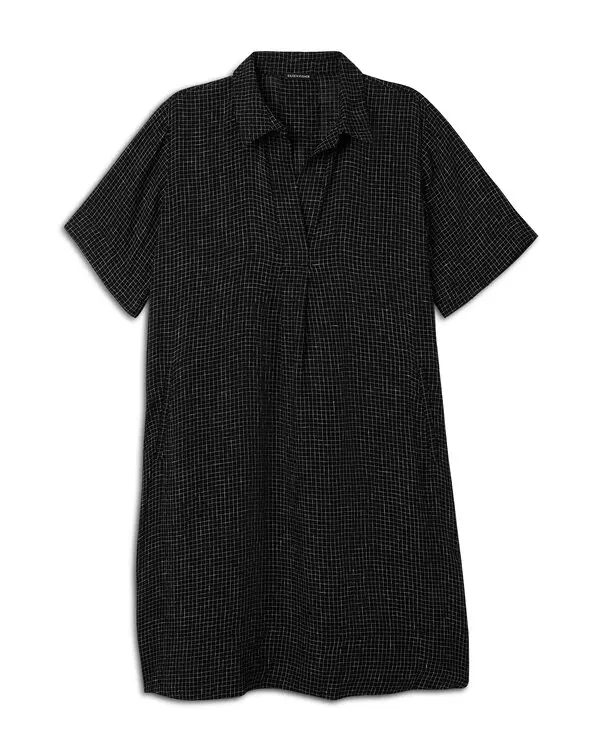 Eileen Fisher Puckered Linen Grid Classic Collar Dress