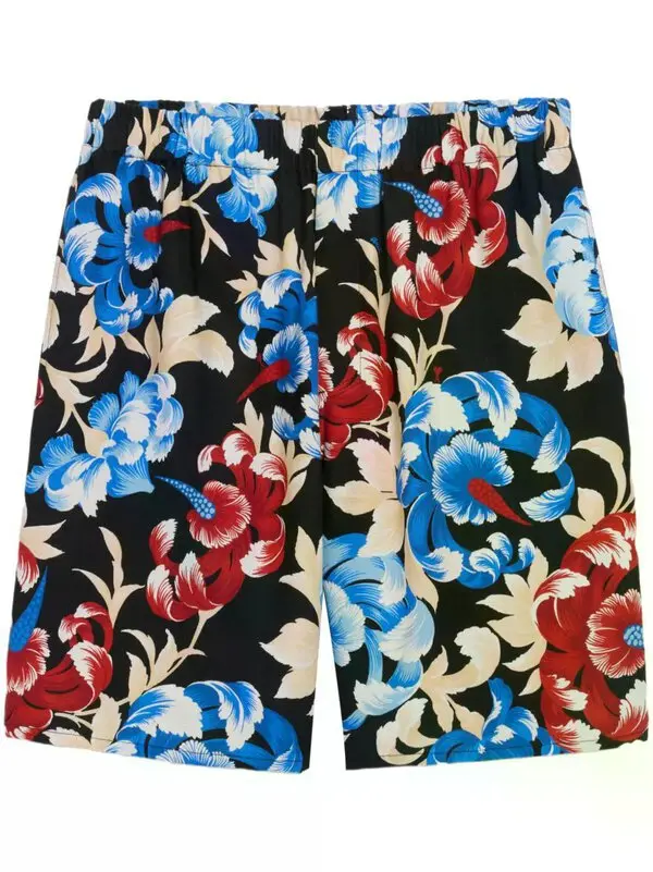 AMI Paris Floral-print Elasticated-waist Shorts - Black