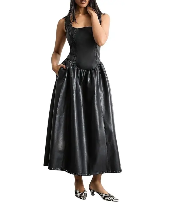WAREHOUSE Faux Leather Whipstitch Trim Midi Dress - Black