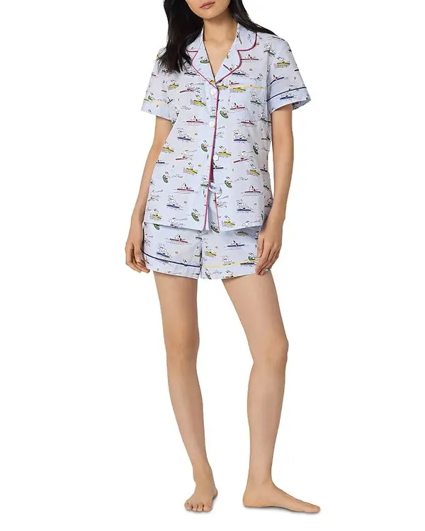 BEDHEAD PAJAMAS Short Sleeve Classic Woven Poplin Shorty Pajama Set - Catch A Wave Snoopy