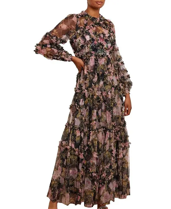 NEEDLE & THREAD English Rose Diamond Ruffle Gown - Graphite