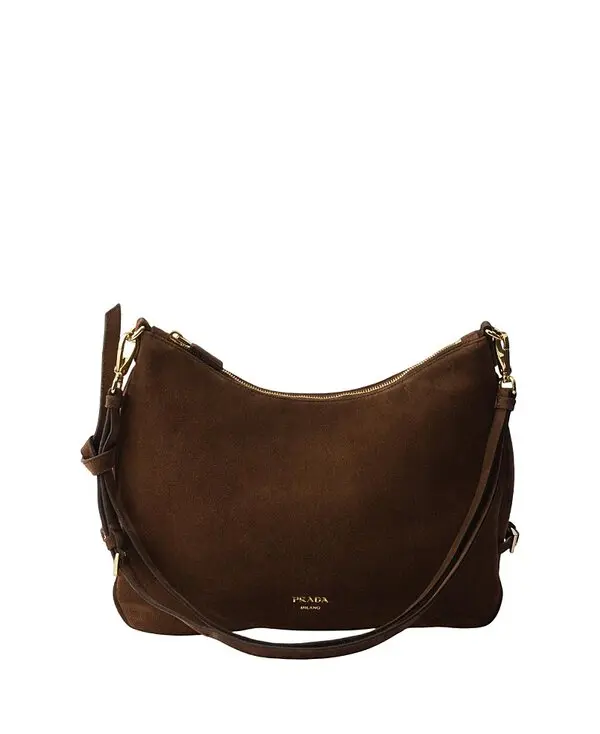 Prada Large Suede Shoulder Bag - Brown