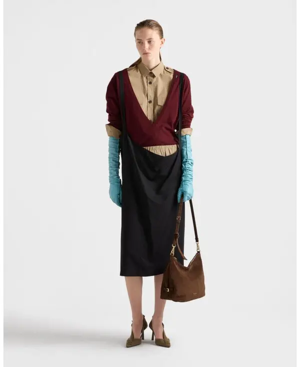 Prada Large Suede Shoulder Bag - Brown