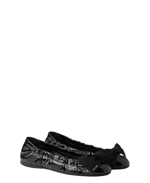 Prada Patent Leather Ballerinas With Bow Detailing - Black