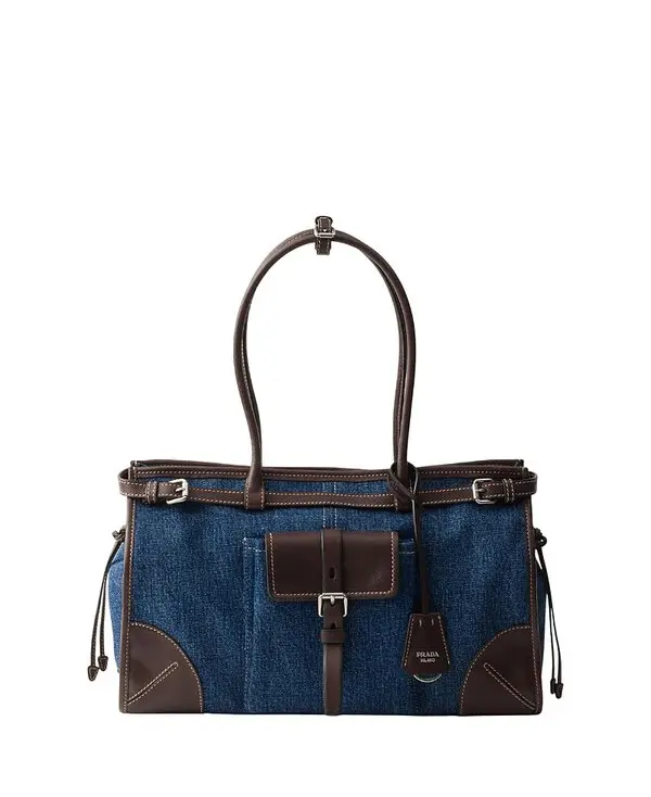 Prada Bonnie Large Denim And Leather Handbag - Blue
