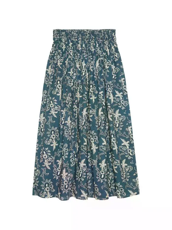 The Great. The Viola Smocked Floral-print Midi Skirt - Blue