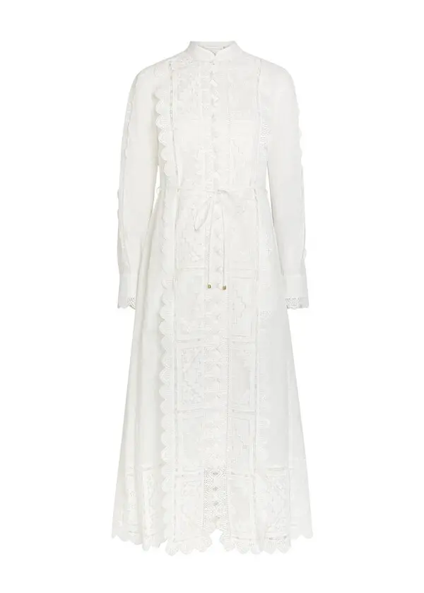 Zimmermann Aster Embroidered Belted Ramie Midi Dress - Ivory