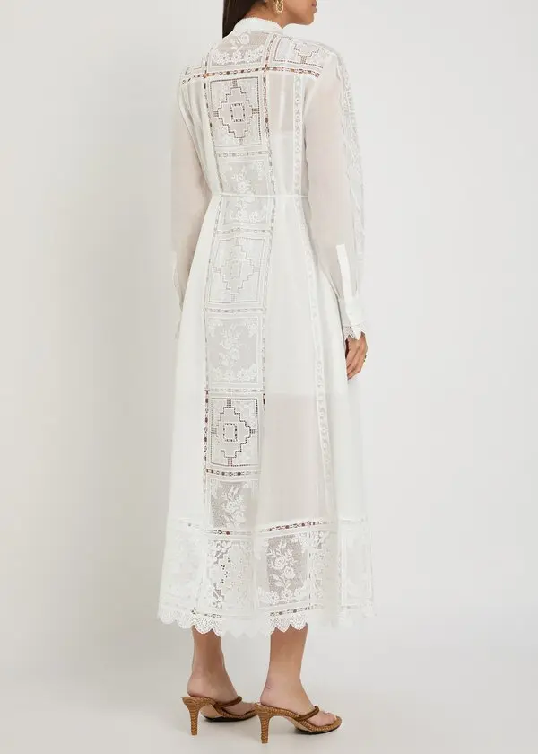 Zimmermann Aster Embroidered Belted Ramie Midi Dress - Ivory