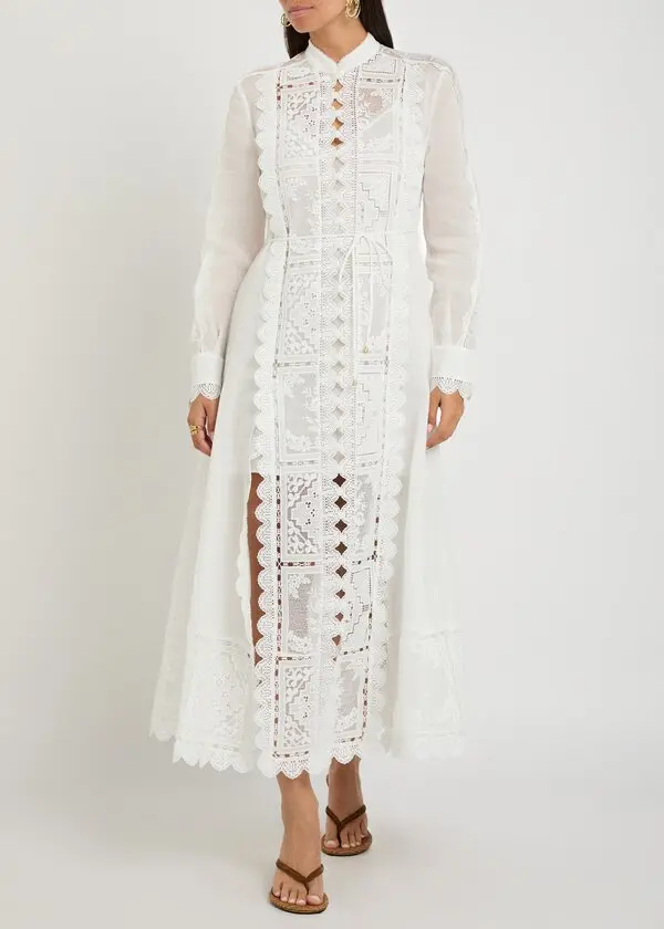 Zimmermann Aster Embroidered Belted Ramie Midi Dress - Ivory
