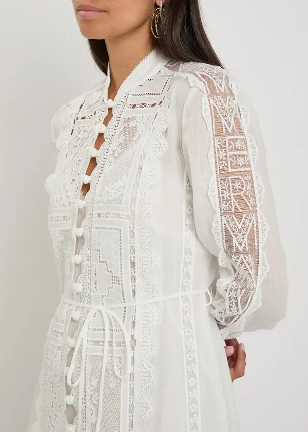 Zimmermann Aster Embroidered Belted Ramie Midi Dress - Ivory