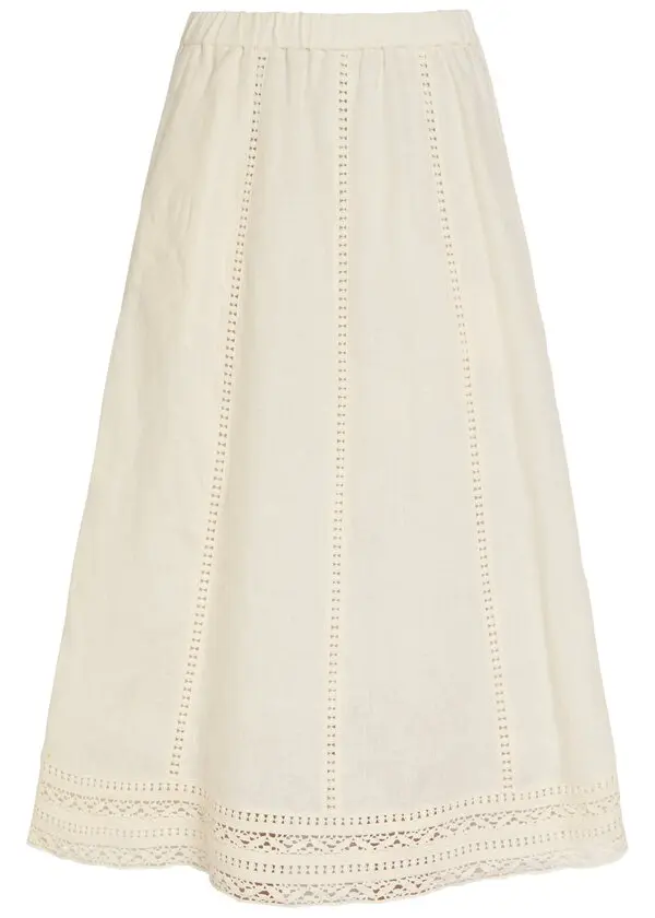 Max Mara Embroidered Linen Midi Skirt - Ecru
