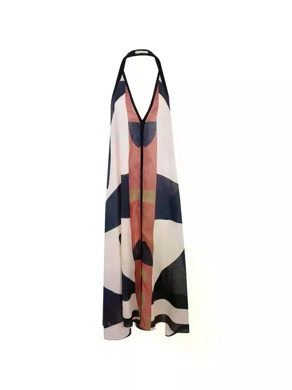 VOLANTIS Uma June Abstract-print Halterneck Linen Dress - Neutrals