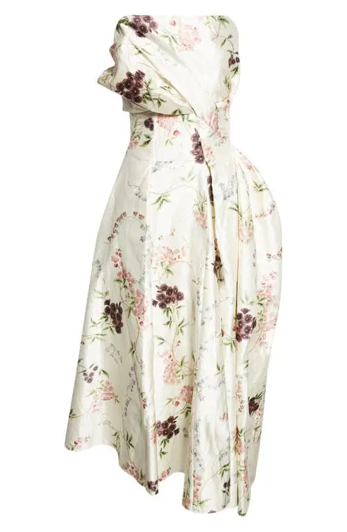 Erdem Floral Print Asymmetric Crushed Satin Cloud Dress - French Chintz Multi White