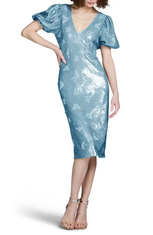 EMILY SHALANT Stretch Sequin Floral Cocktail Midi Dress - Light Blue