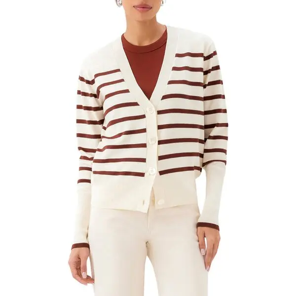 Karen Kane Striped Knit Cardigan Sweater - Cream/chocolate