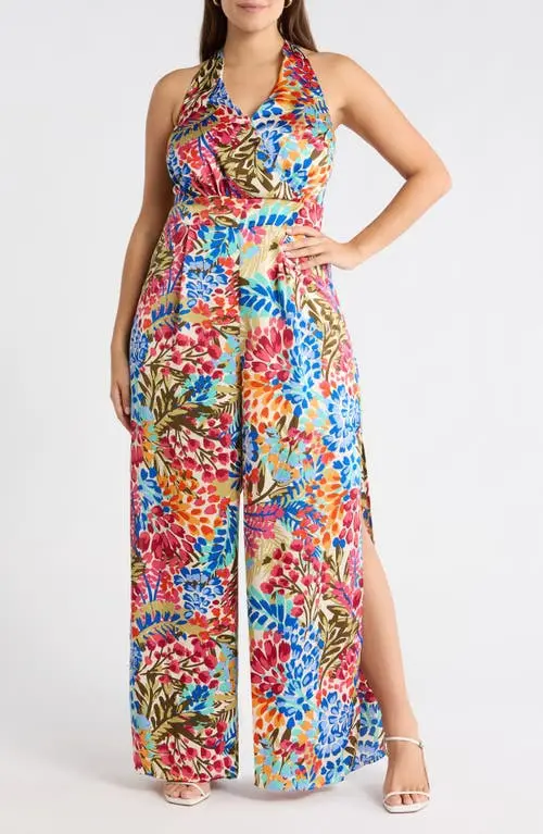 SUGARLIPS Floral Satin Halter Jumpsuit - Blue-pink