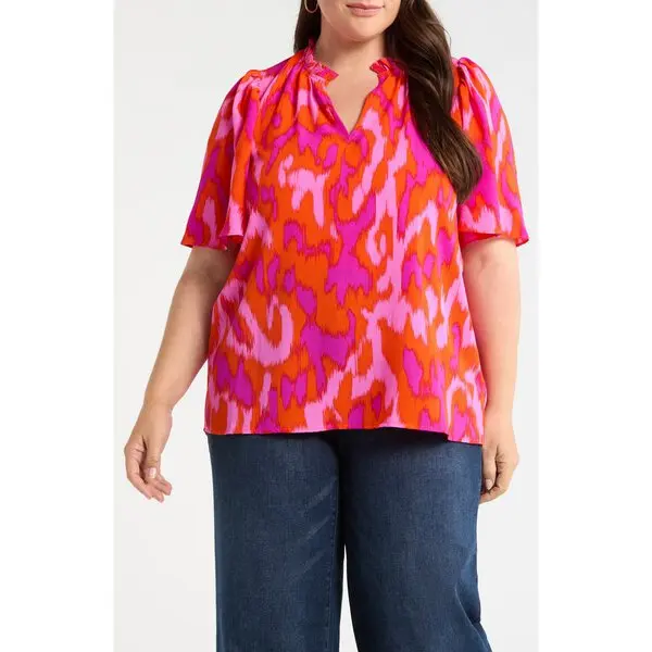 SUGARLIPS Charly Abstract Keira Ruffle Top - Orange-fuchsia