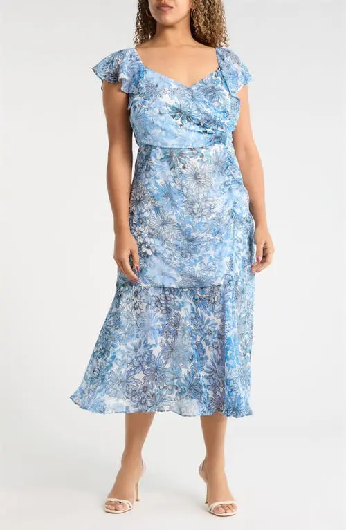 SUGARLIPS Tierra Floral Nadia Ruched Midi Dress - Blues