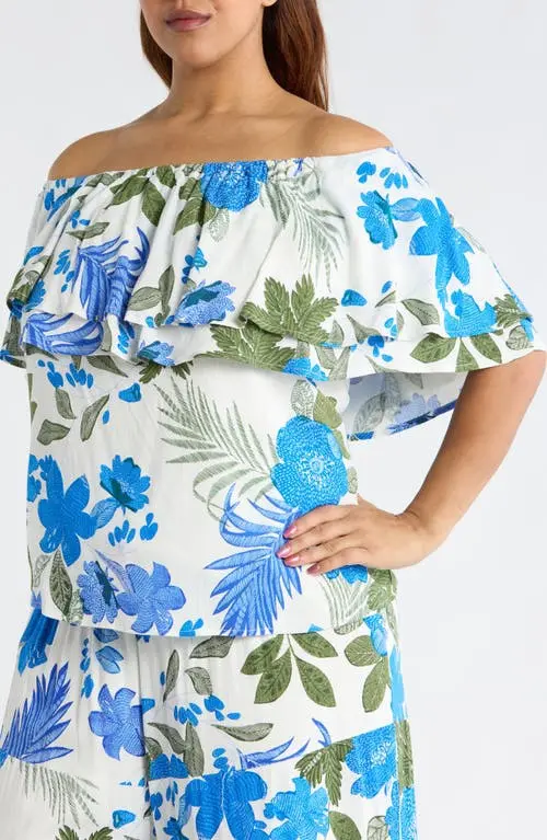 SUGARLIPS Zurie Floral Talisy Off The Shoulder Top - White Blue Green